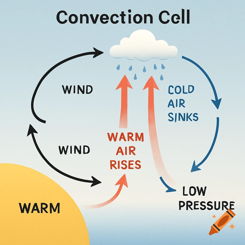 A colorful diagram illustrating a convection cell with labels for wind, warm air rising, cold ...