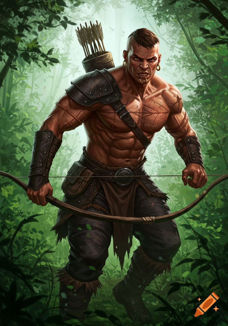 A muscular fantasy hunter with a bow and quiver stands in a lush green ...