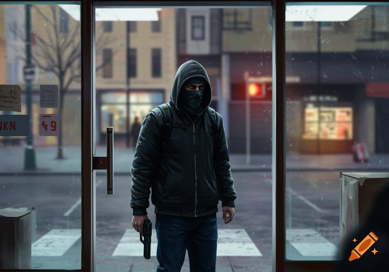 A masked man in a hoodie and backpack holds a handgun while standing on ...