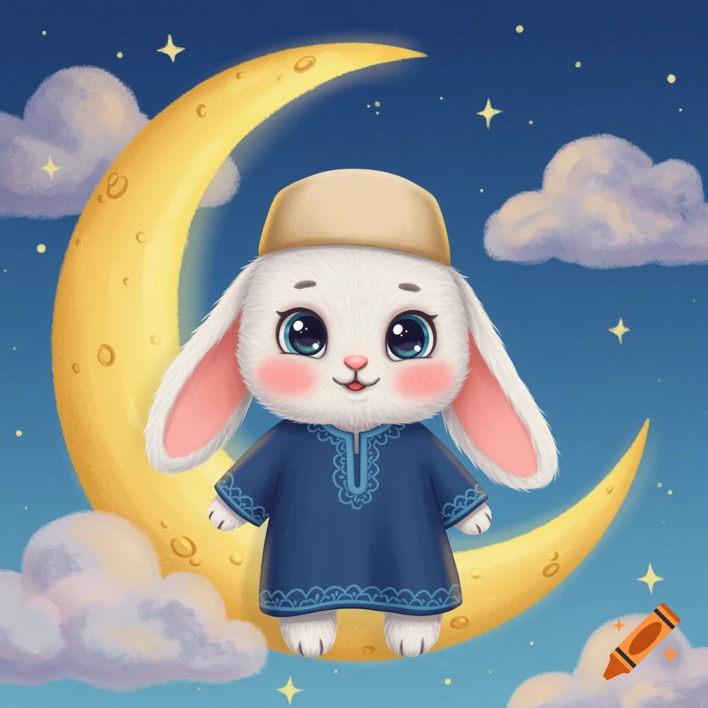 A cute cartoon bunny wearing a blue thobe and kufi hat, standing in ...