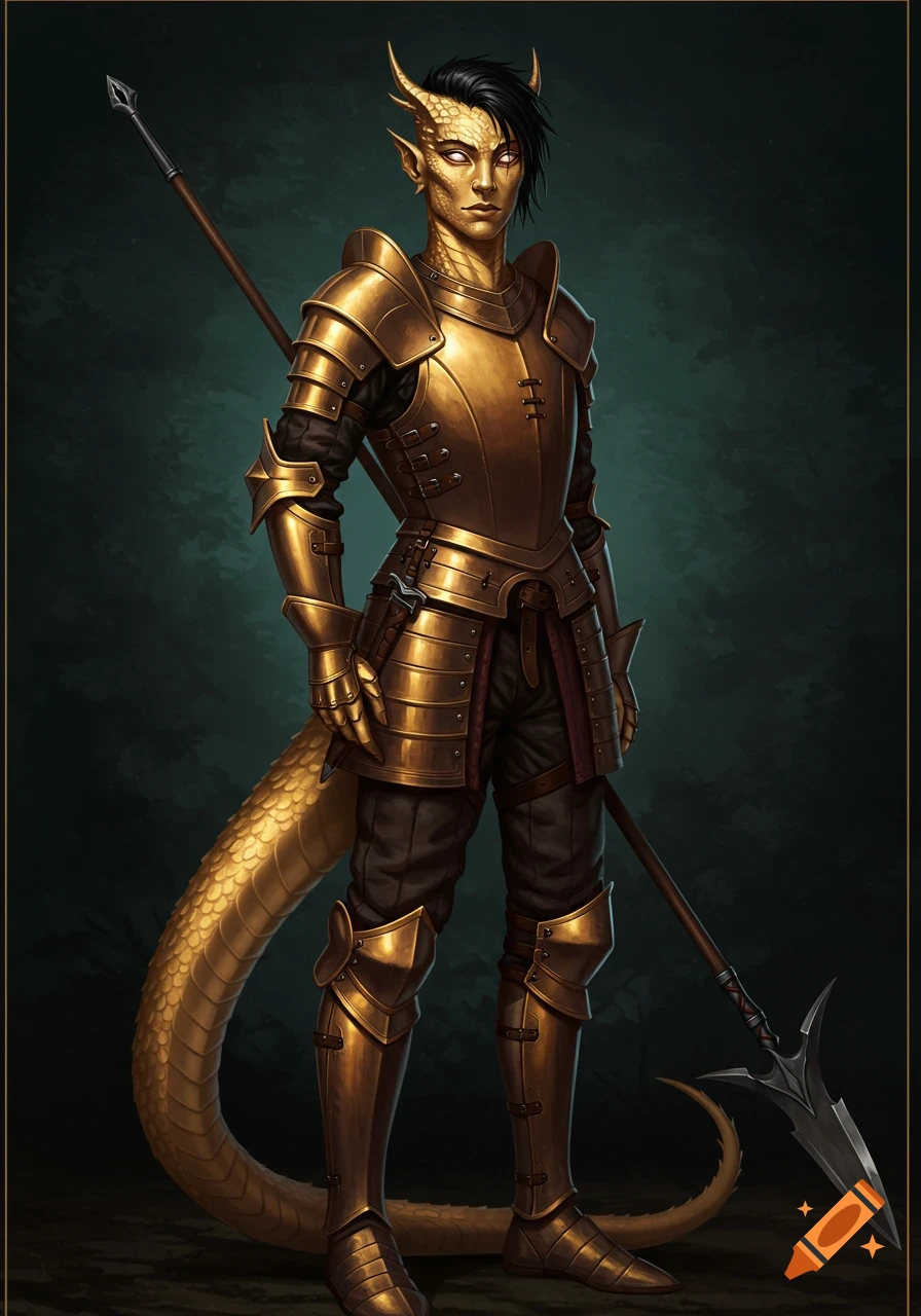 A golden-scaled humanoid figure with horns and a tail stands in full ...