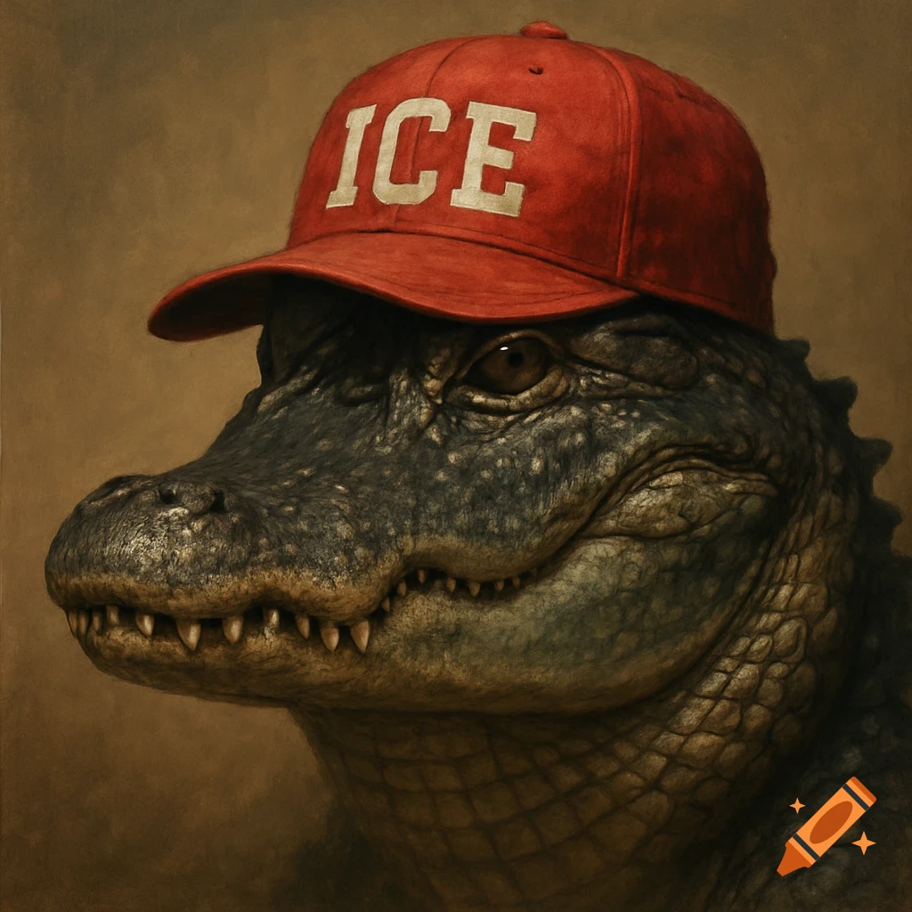 Photorealistic portrait of an alligator wearing a red baseball cap with ...