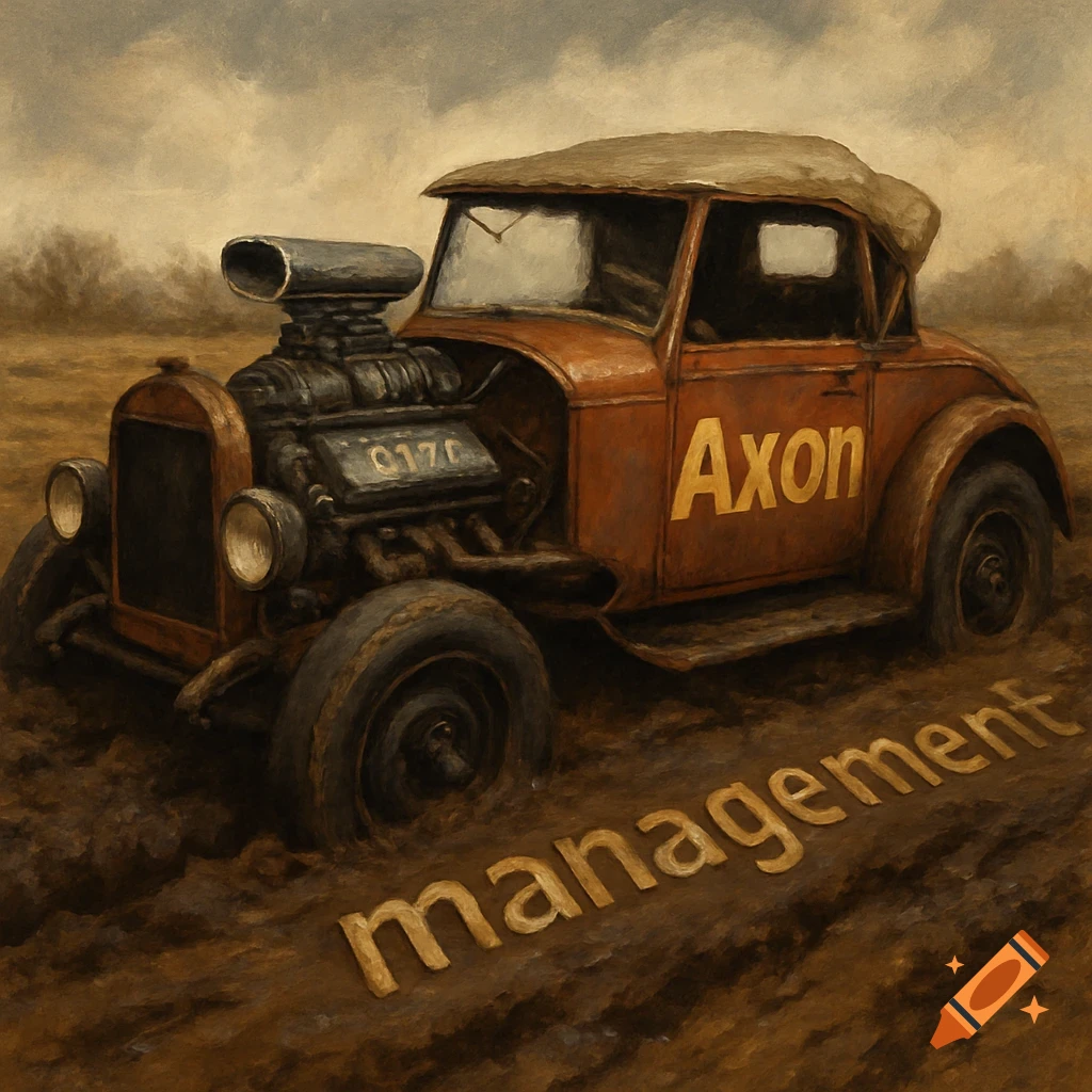 An old, rusty hot rod jalopy with 'Axon' on its side is stuck in mud ...