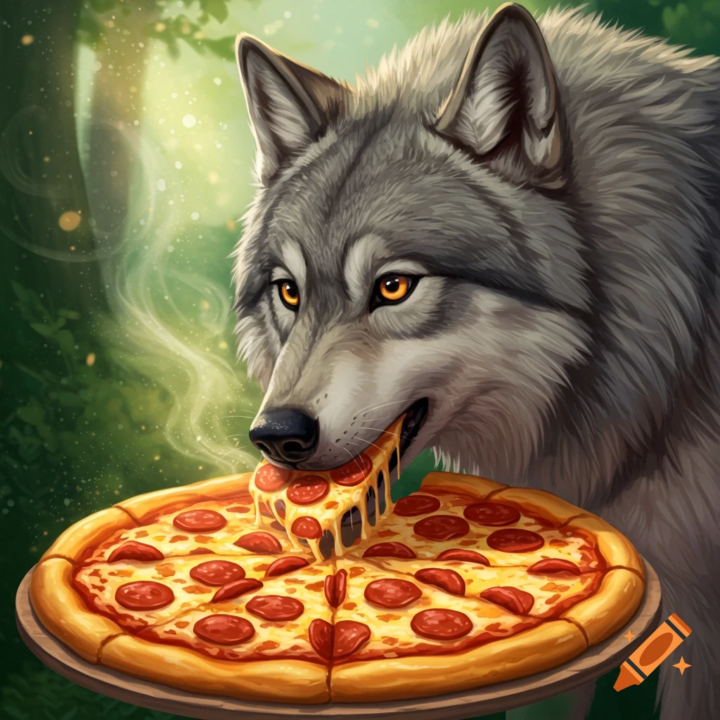 A wolf with orange eyes takes a bite out of a pepperoni pizza ...