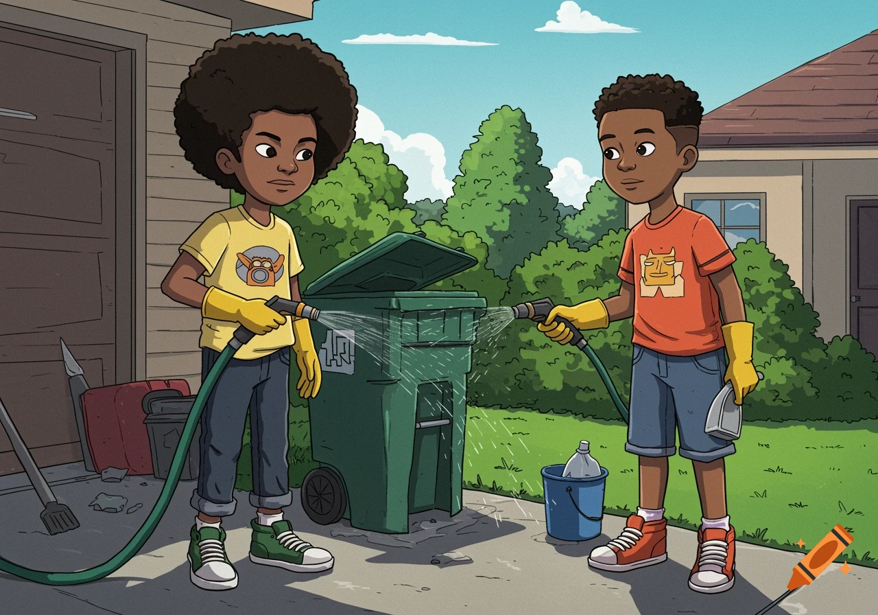 Two cartoon boys, one with an afro and one with short hair, wearing ...