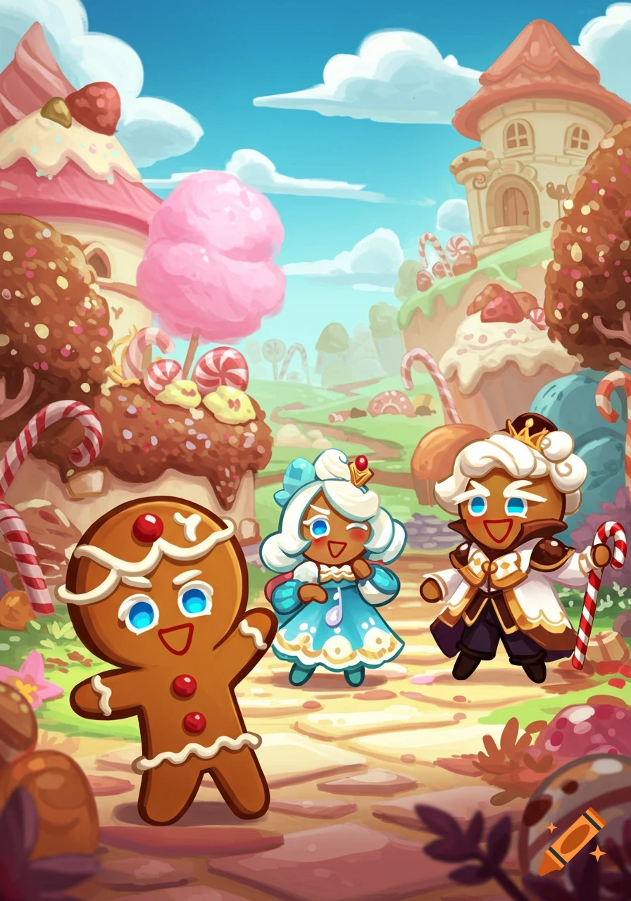 Gingerbread characters in a whimsical candy land with candy trees and ...