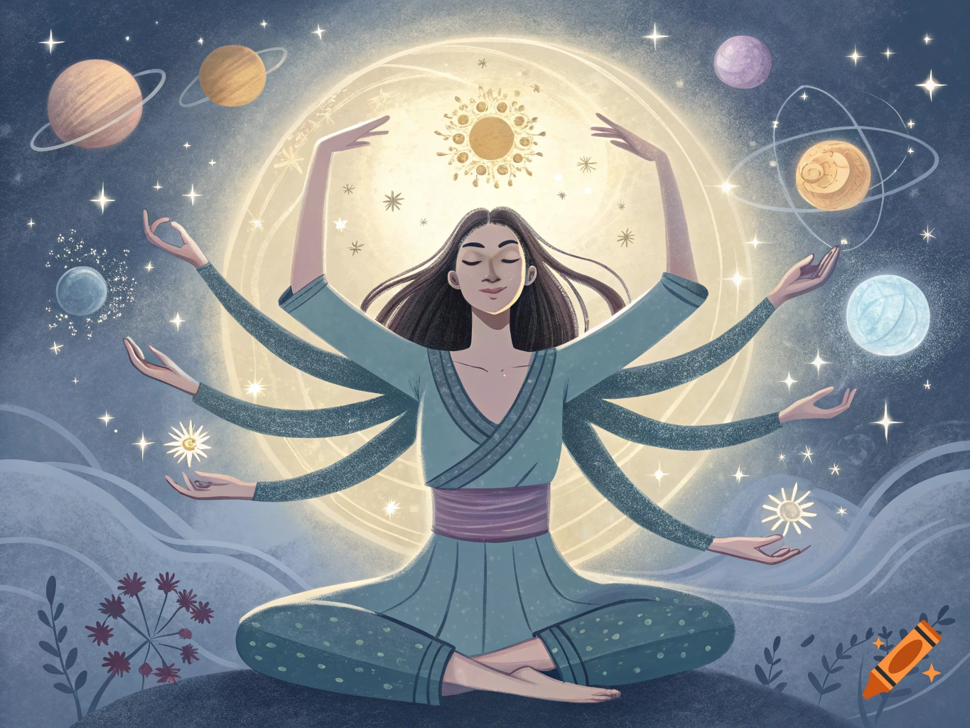 A stylized illustration of a multi-armed woman meditating in a lotus ...