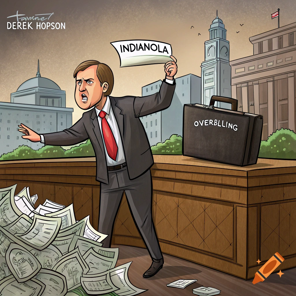 A cartoon of an angry attorney, Derek Hopson, holding a paper labeled ...