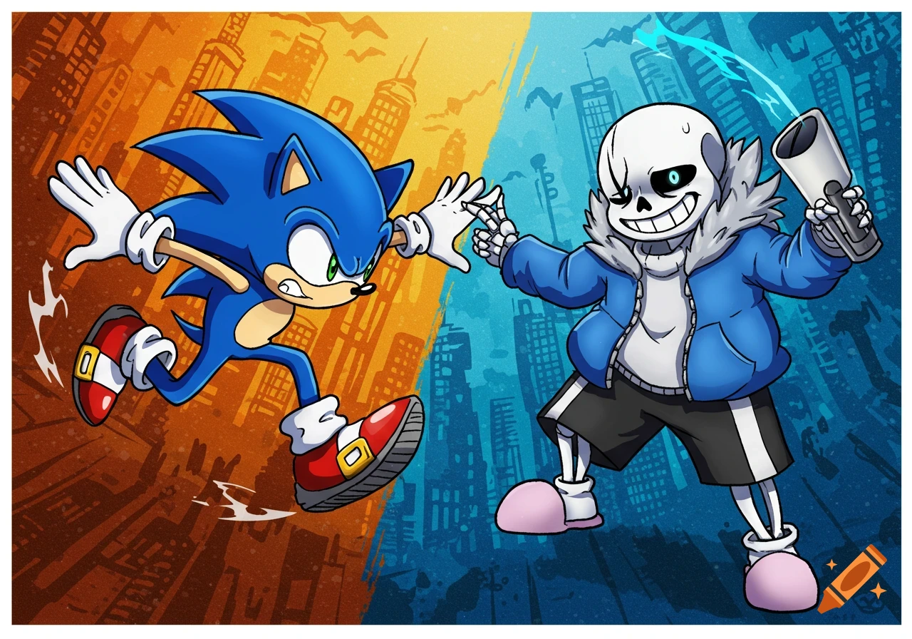 Cartoon illustration of Sonic the Hedgehog running towards Sans from ...