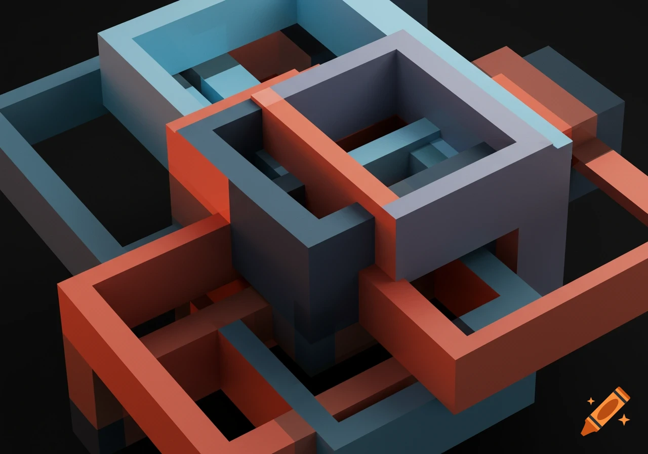An abstract composition of overlapping blue, gray, and orange rectangular prisms creating a ...
