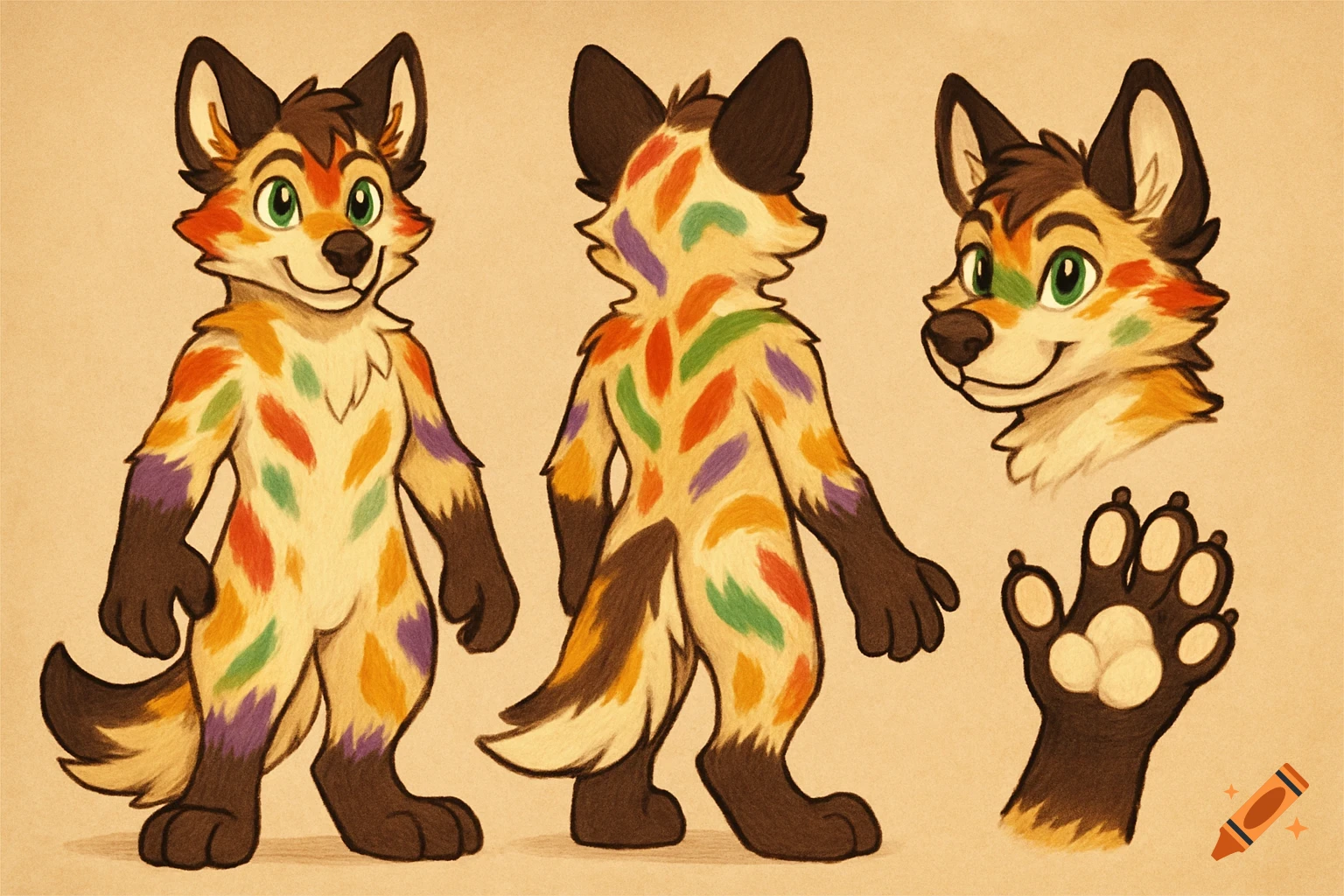 Cartoony reference sheet of a colorful anthropomorphic furry character ...