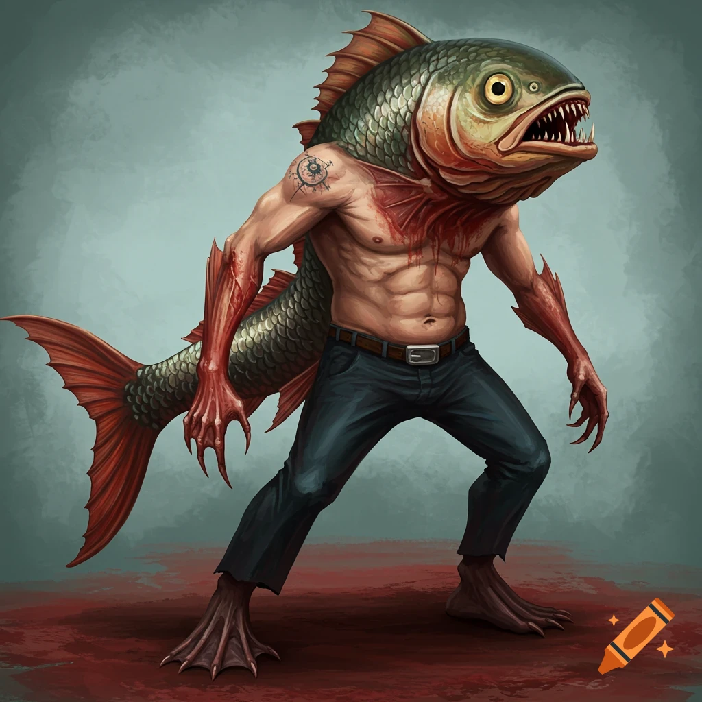 A humanoid fish creature with a fish head, bloody chest, blue pants ...