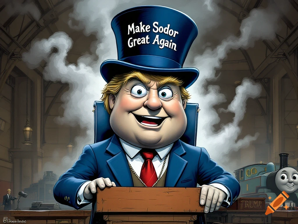 Cartoon caricature of Donald Trump as Sir Topham Hatt wearing a 'Make ...