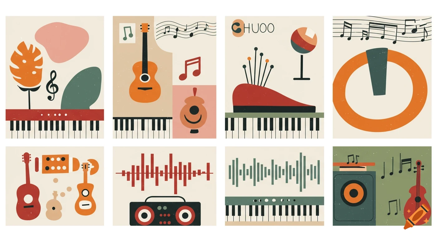 A grid of eight abstract musical illustrations featuring pianos ...