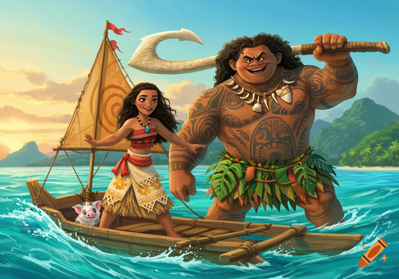Animated Moana and Maui sailing on a boat with Pua in the ocean. on Craiyon