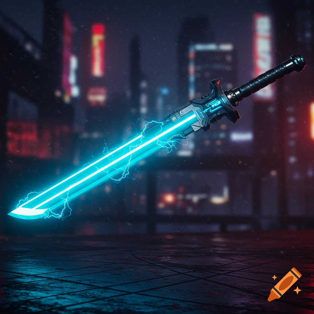 A futuristic sword with a glowing blue blade, crackling with ...