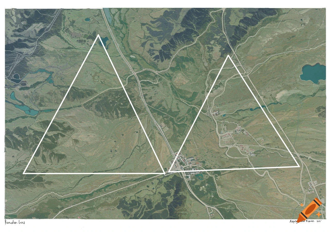 Aerial view of a green landscape with rivers and roads, overlaid with ...