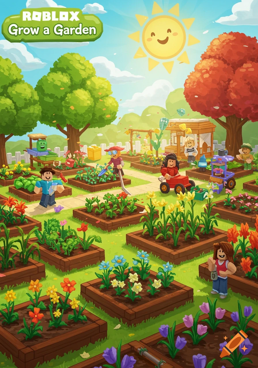 A bright, cartoon-style illustration of a Roblox garden filled with ...