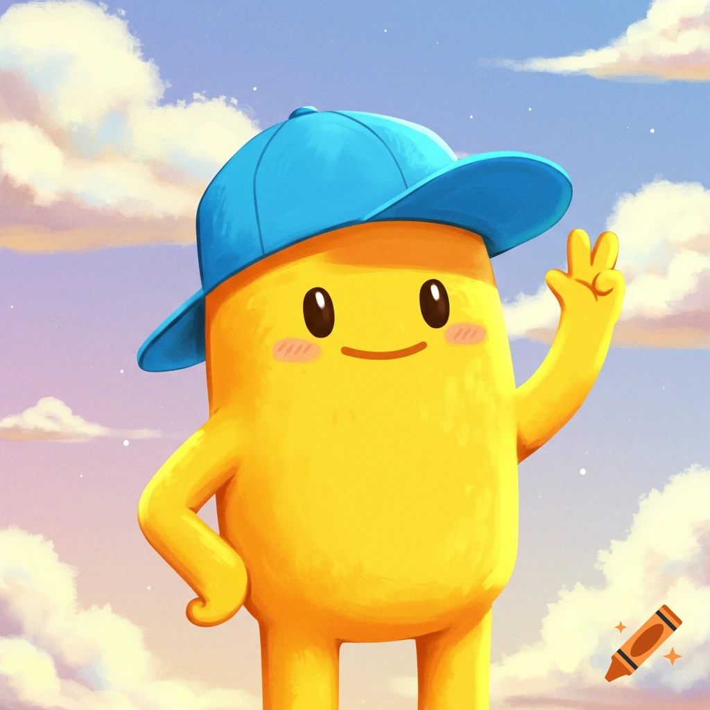 A cheerful yellow blob-like character wearing a blue cap, making a ...