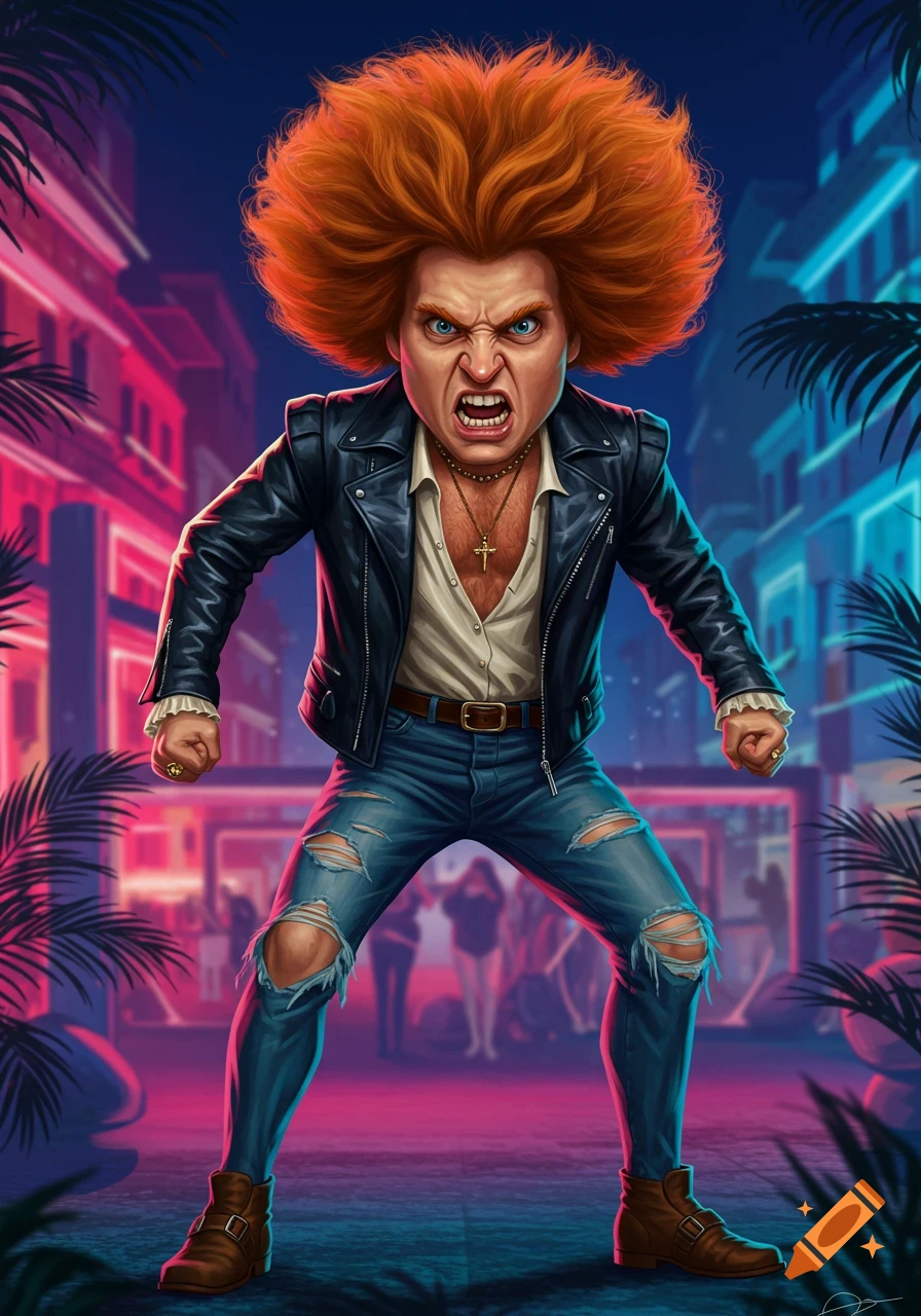 A stylized, angry man with bright red frizzy hair, wearing a leather ...
