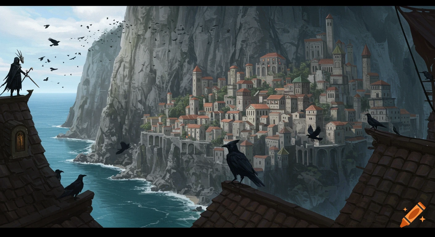 A dark fantasy digital painting of a town on a monumental cliff ...