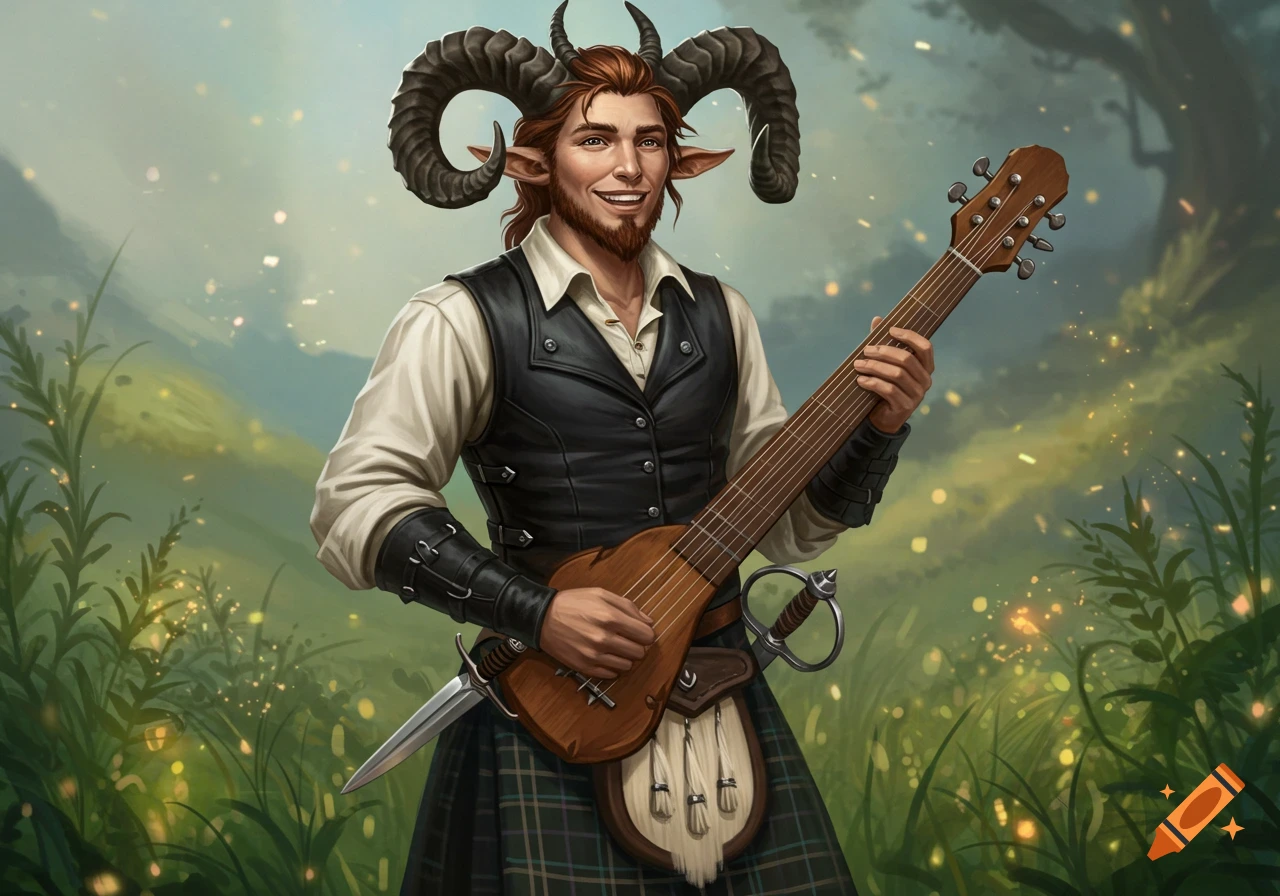 A fantasy illustration of a male faun bard with ram horns and goat ears ...