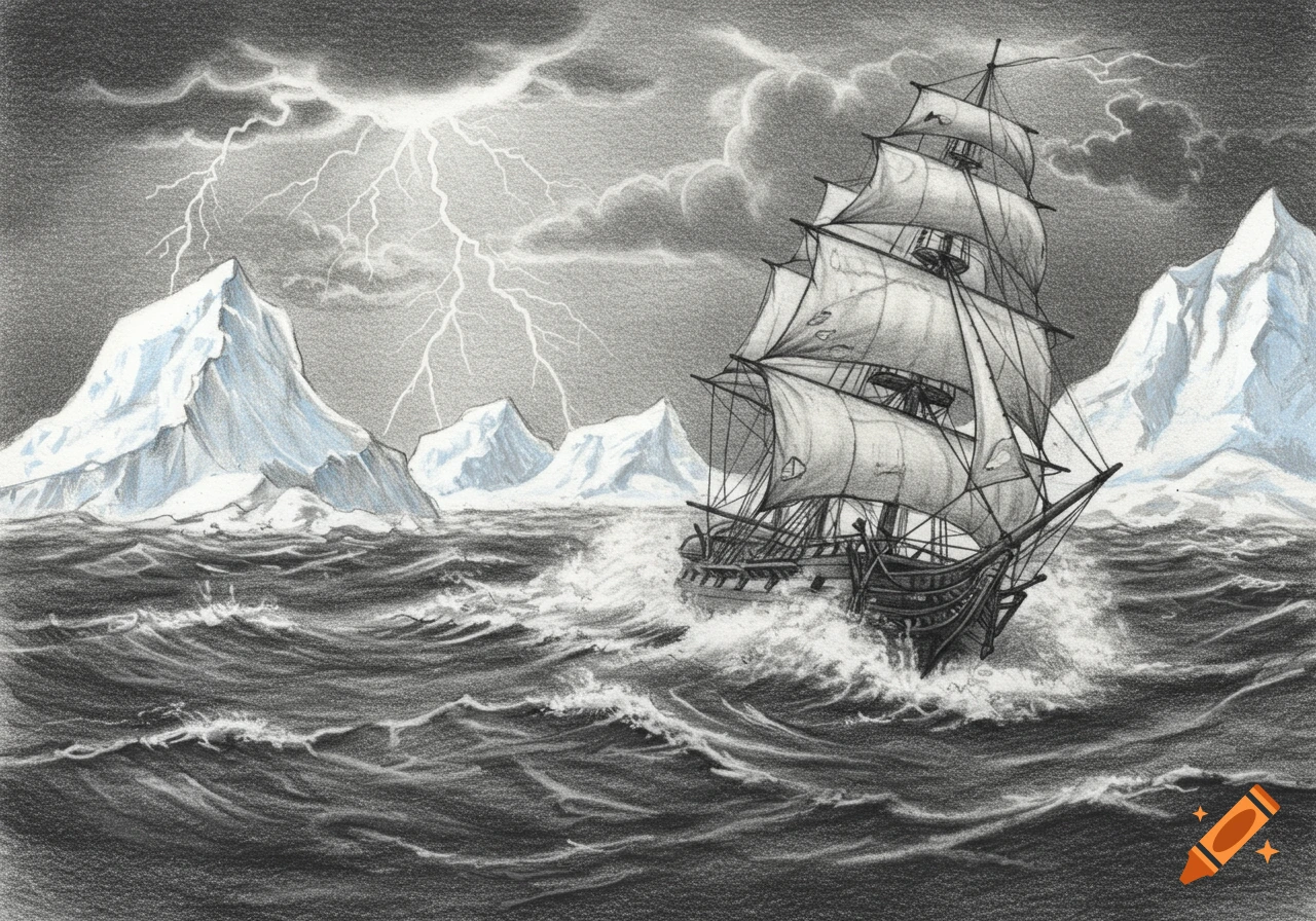 A detailed pencil sketch of a tall ship battling a stormy sea with ...