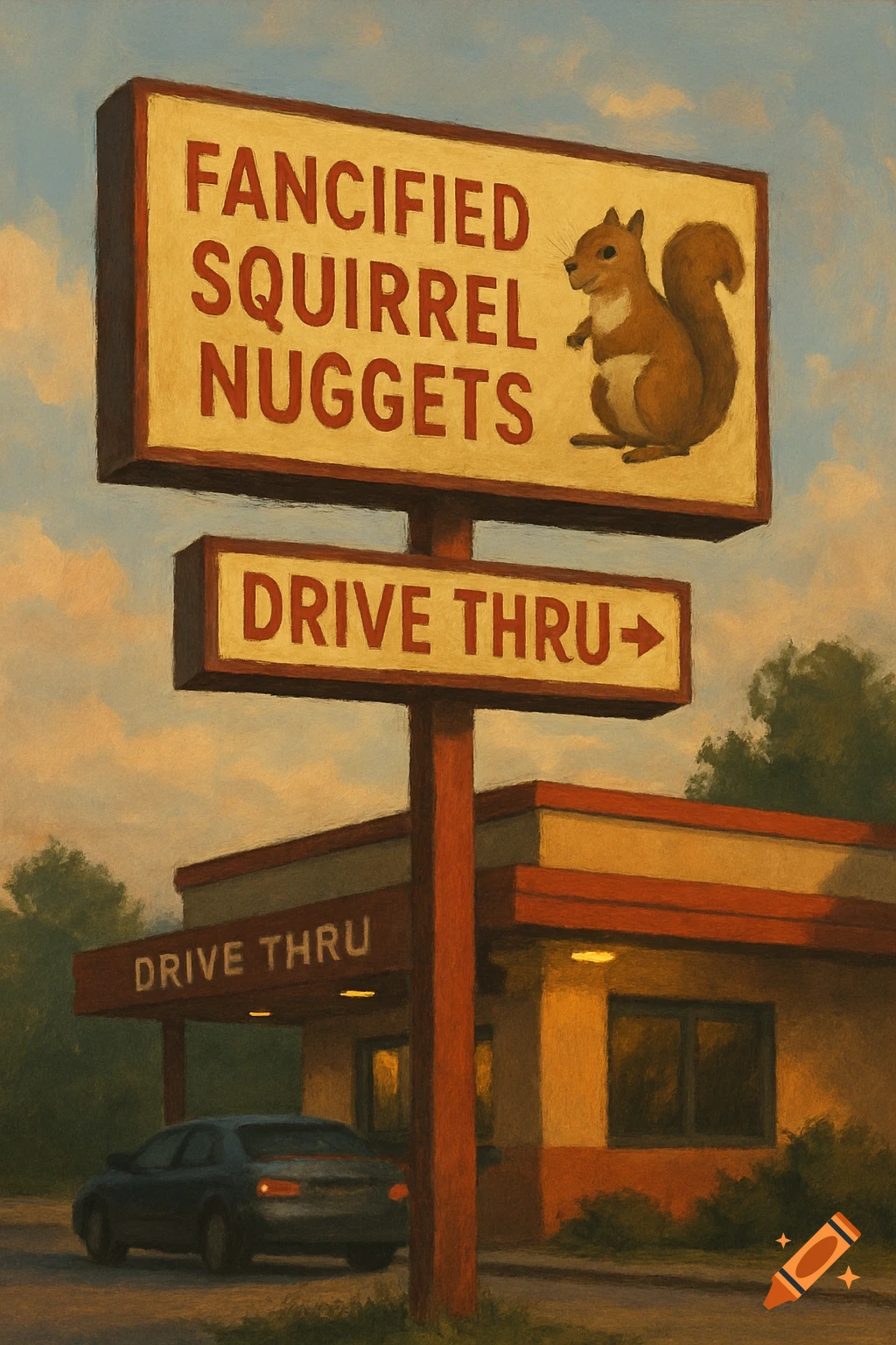 A painting of a drive-thru restaurant with a large sign reading ...