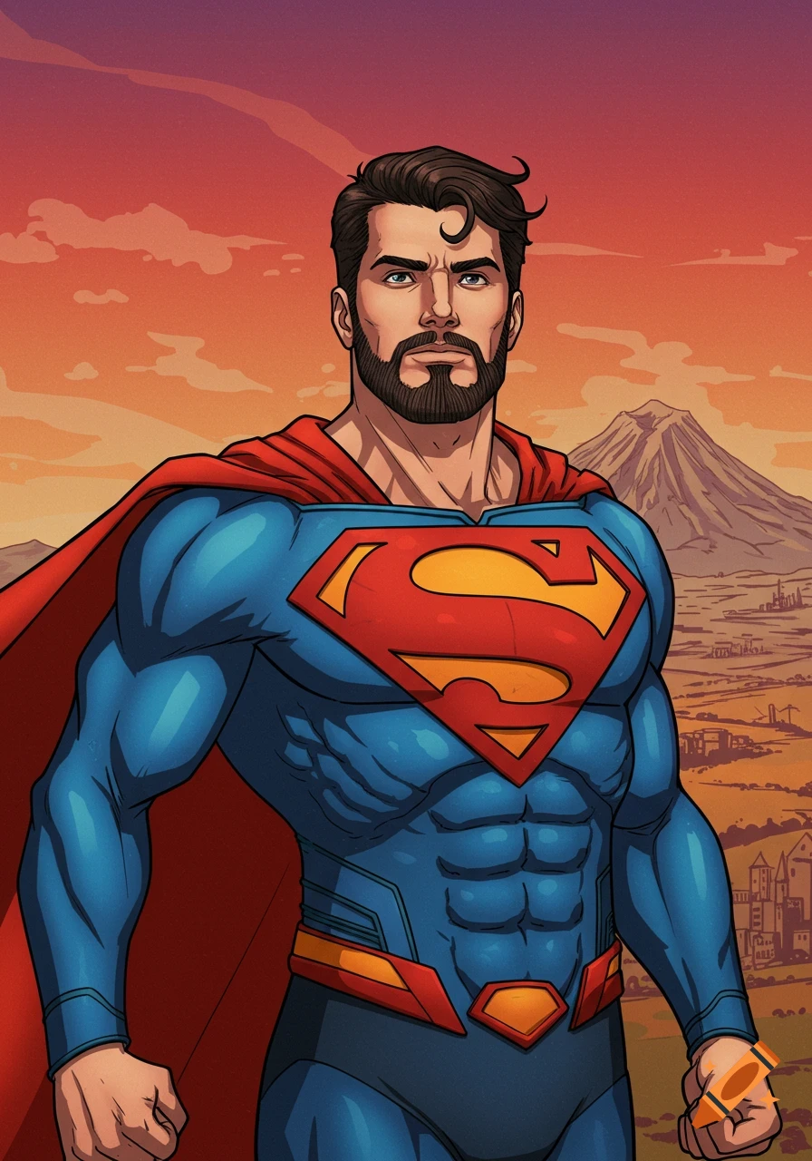 Bearded Superman in a blue and red suit with an 'S' emblem, comic book ...