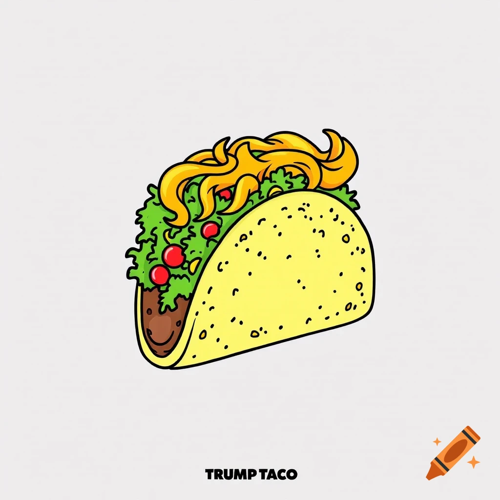 A cartoon illustration of a taco with a yellow shell, green lettuce ...