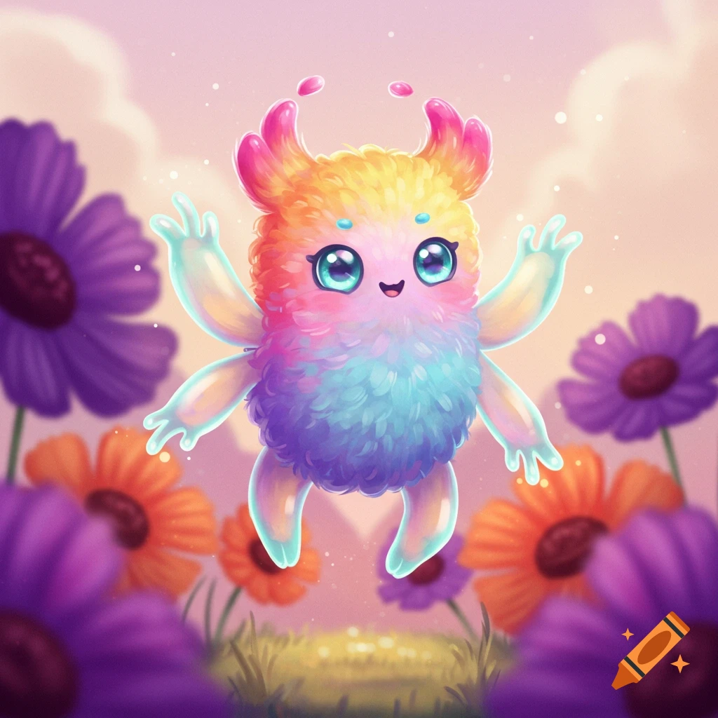 A cute, fluffy rainbow-colored creature floats among purple and orange ...