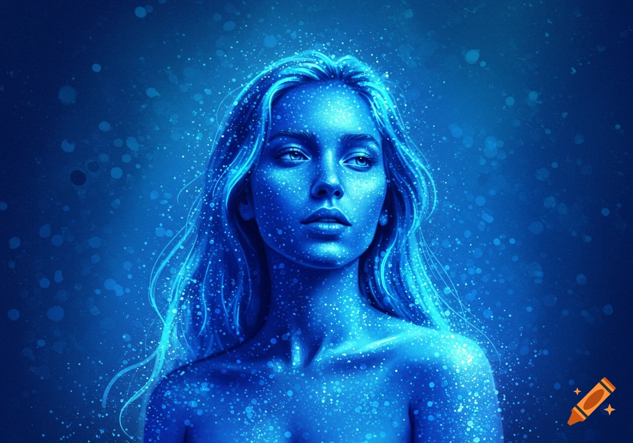 A blue-skinned woman with shimmering particles on her body and hair ...