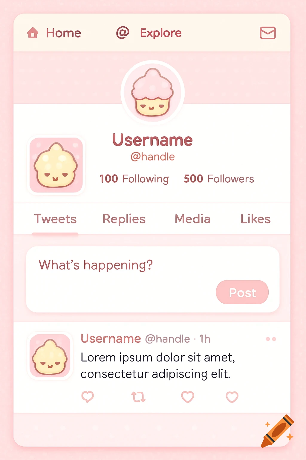 A kawaii pastel pink and white social media profile mock-up with ...