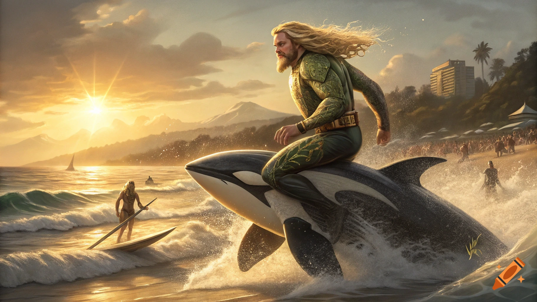 A heroic Aquaman-like figure with long blonde hair and a beard rides a ...
