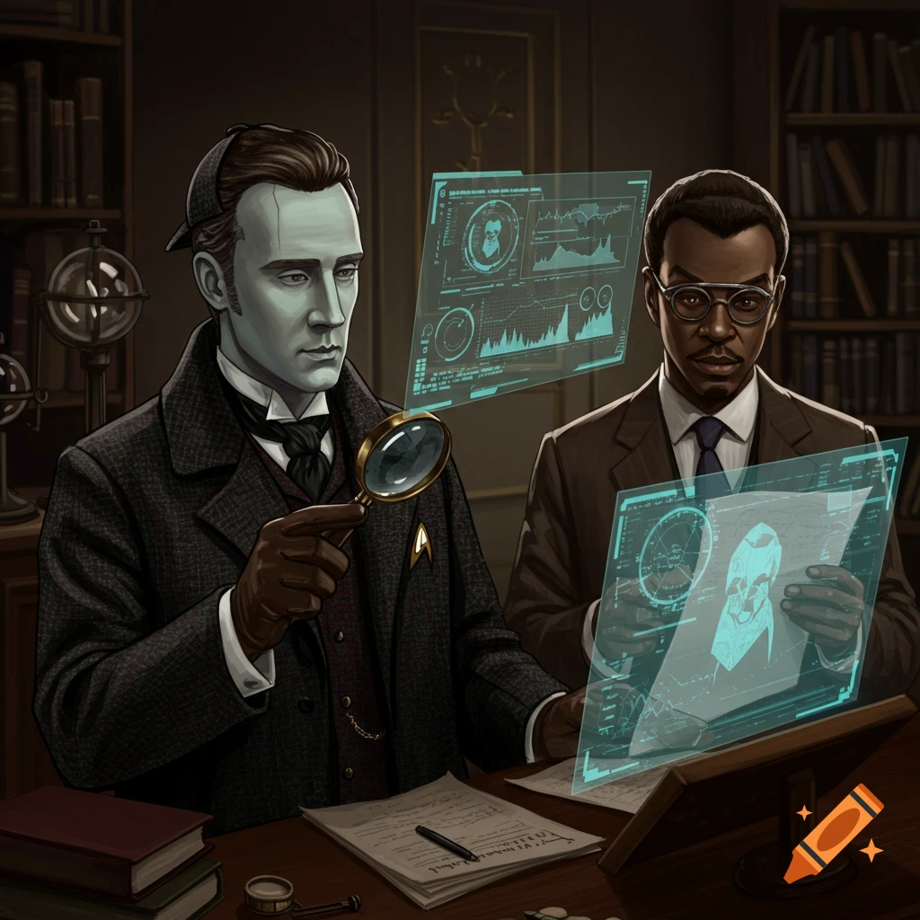Two figures resembling Data and Geordi La Forge as Sherlock Holmes and ...