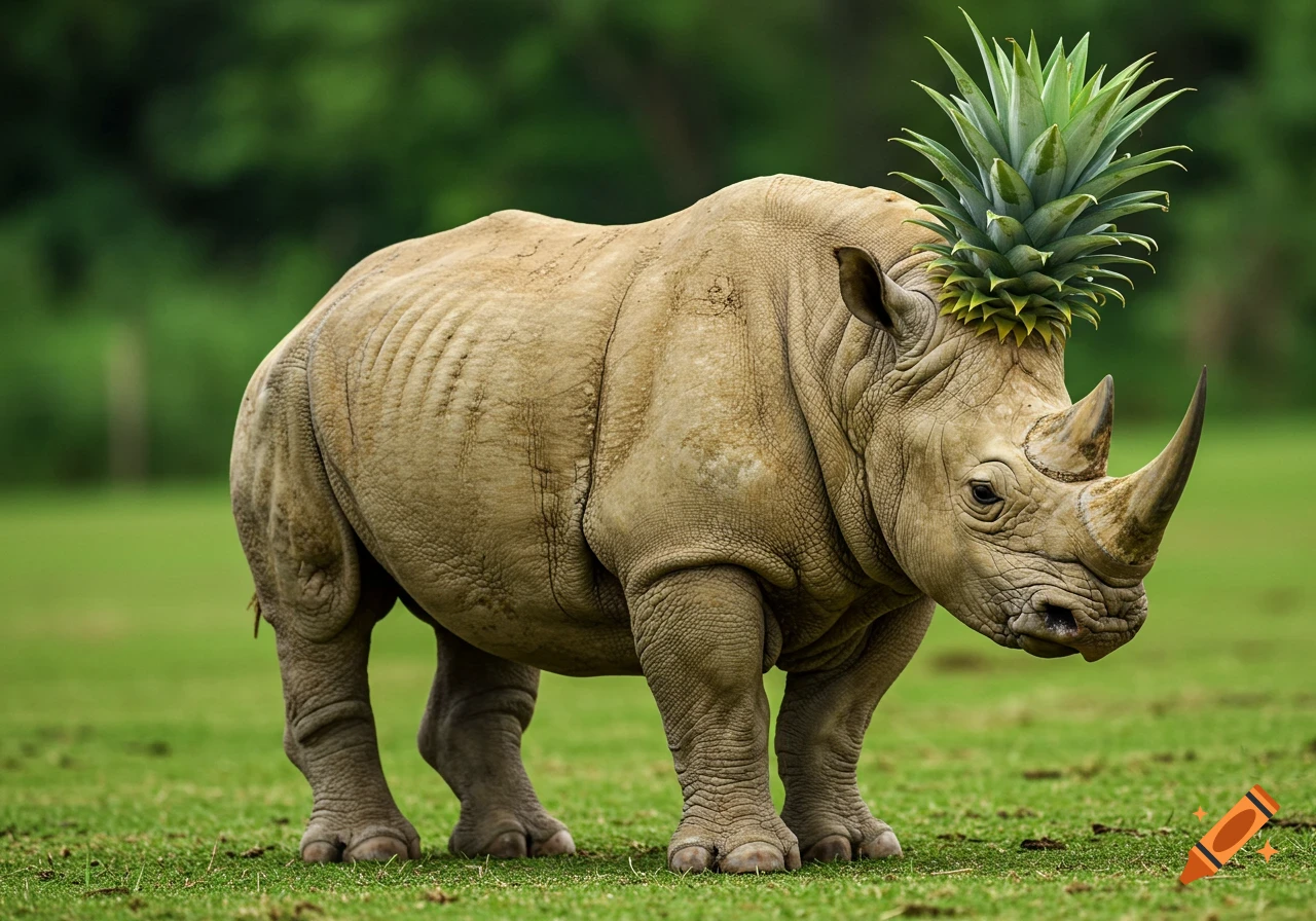A photorealistic rhinoceros stands in a grassy field with a full ...
