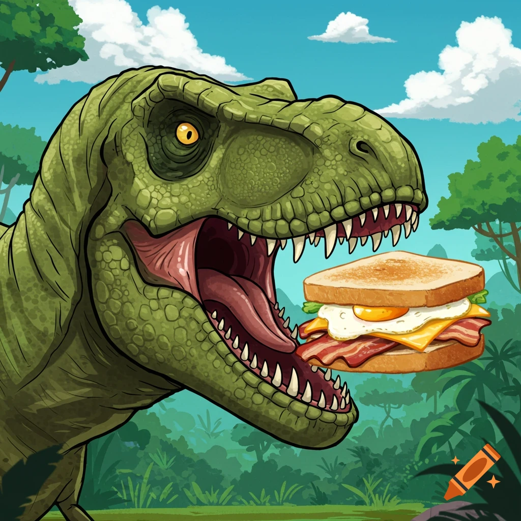 A cartoon Tyrannosaurus Rex with its mouth open, about to eat a ...