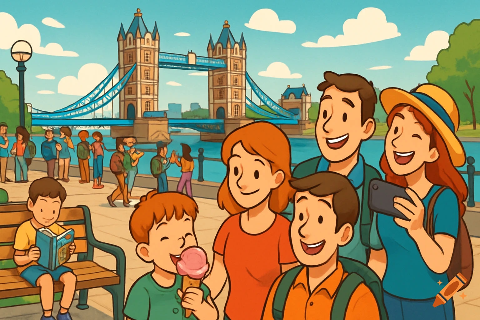 A colorful cartoon illustration of a cheerful family and tourists on a ...