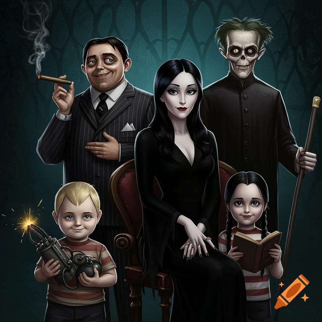 An illustrated portrait of the Addams Family. Gomez smokes a cigar ...