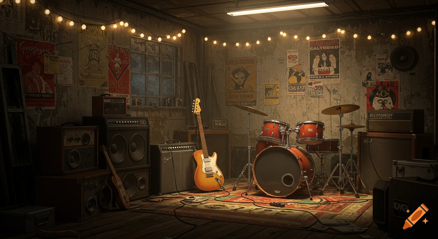 A rustic band practice room with a drum set, guitar, amplifiers ...