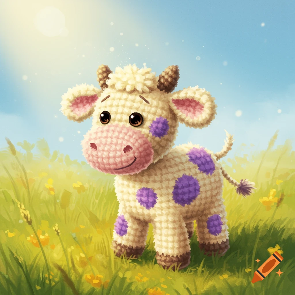 A cute crocheted creme color cow with purple spots stands in a sunny ...