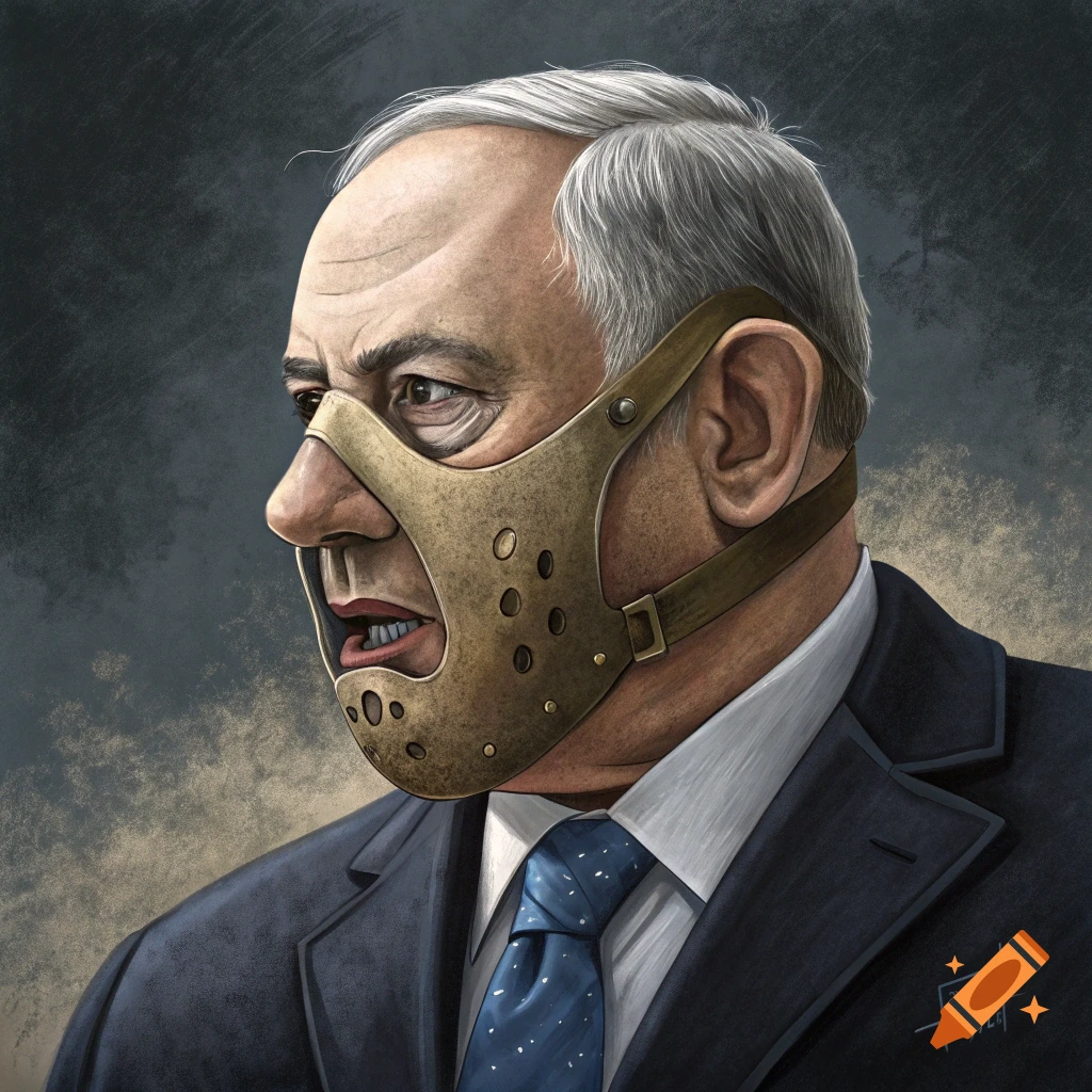 Stylized portrait of Benjamin Netanyahu wearing a brown Hannibal Lecter ...