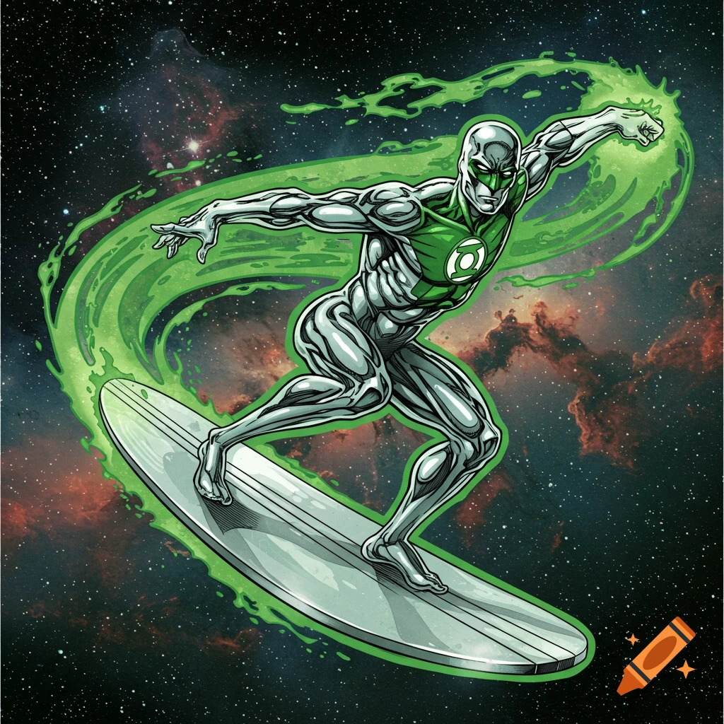 Comic illustration of a silver-skinned superhero with a Green Lantern ...