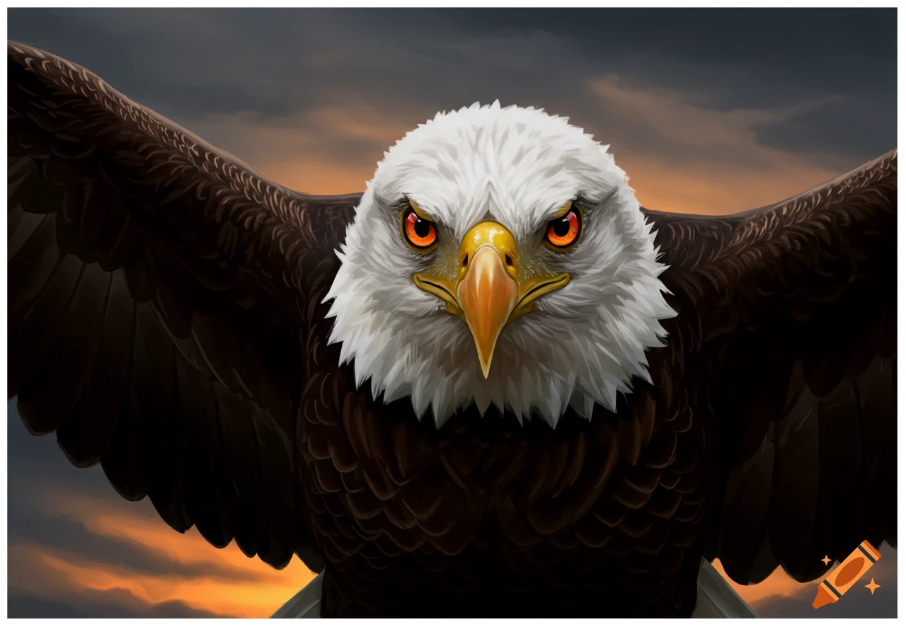 Close-up, front-facing digital painting of an eagle with bright orange ...