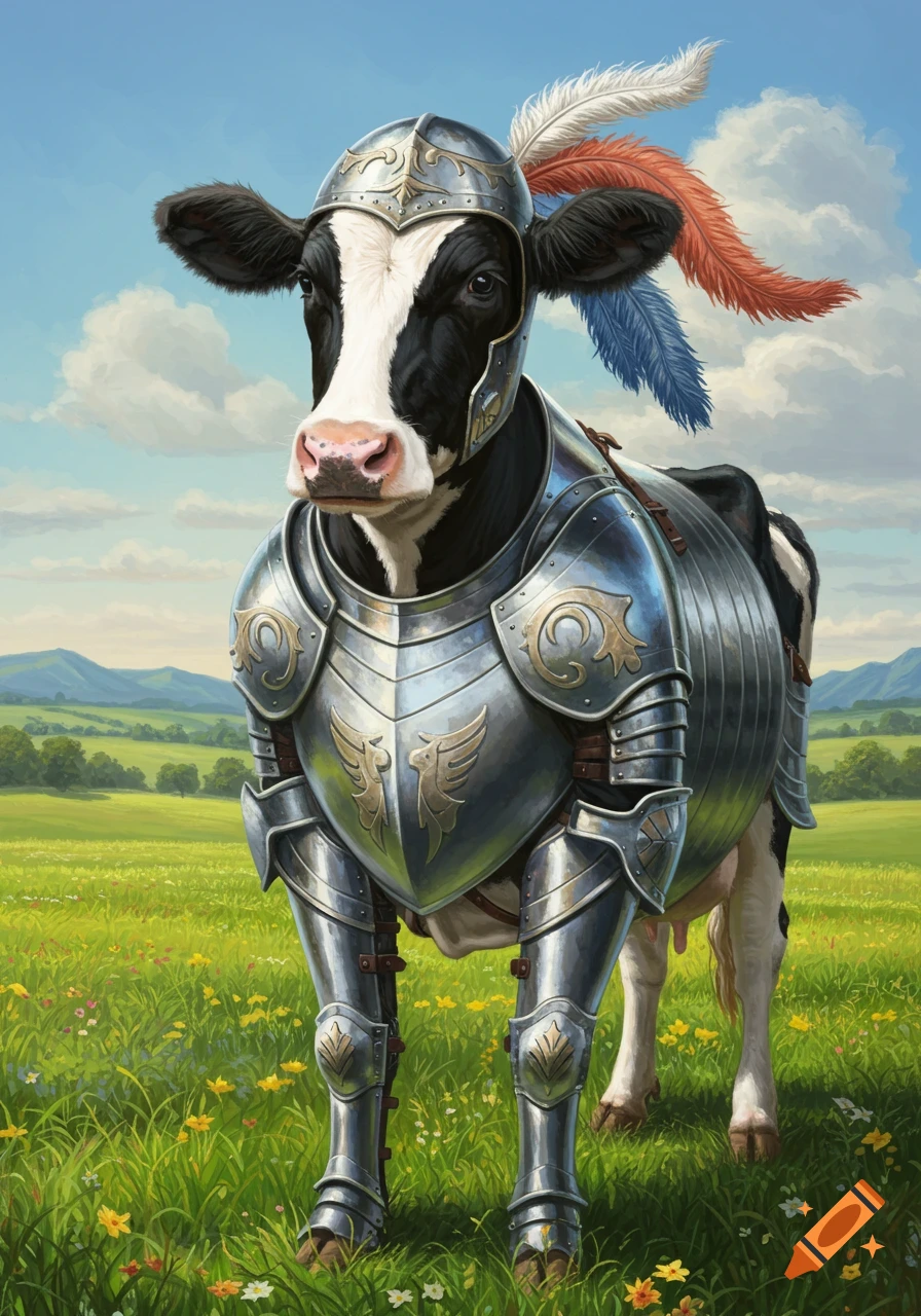 A black and white cow wearing silver medieval armor and a feathered ...