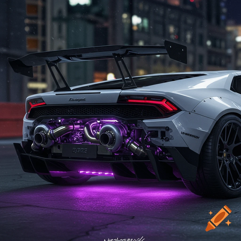 White modified Lamborghini Huracán with exposed twin-turbo engine and ...