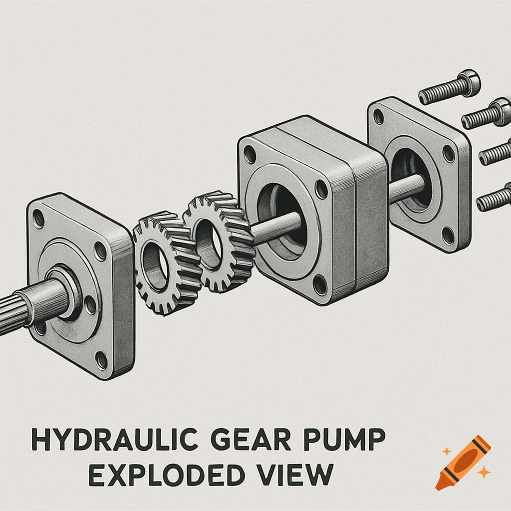 Exploded view technical diagram of a hydraulic gear pump, showing ...