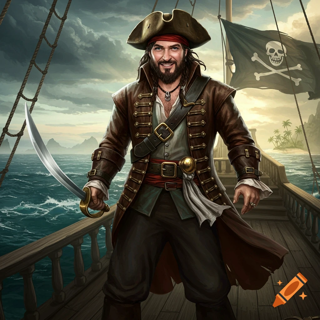 A swashbuckling pirate with a beard and a saber stands on the deck of a ...