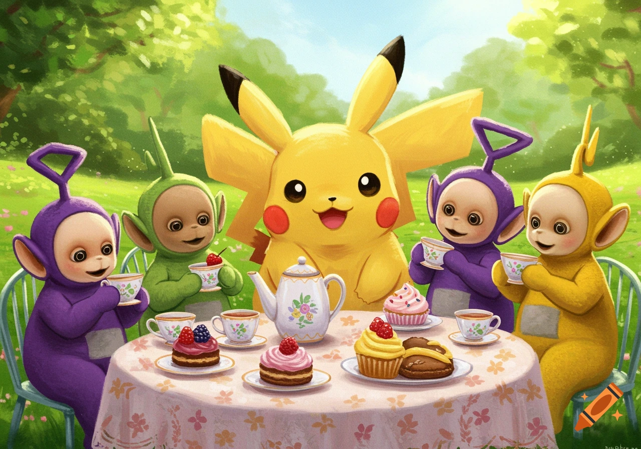 Pikachu and four Teletubbies sit around a table enjoying a tea party ...