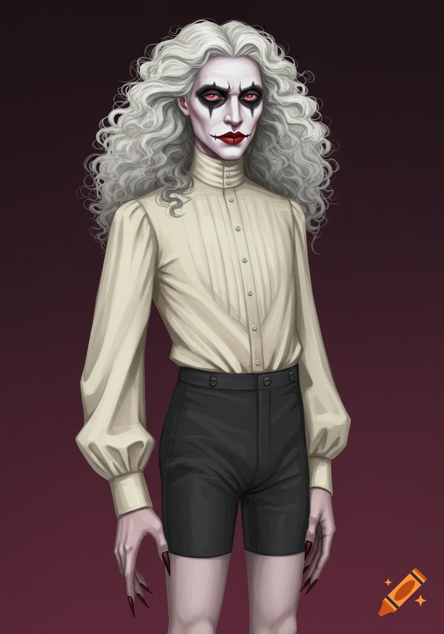 An illustration of a pale, gaunt person with white curly hair, red lips ...